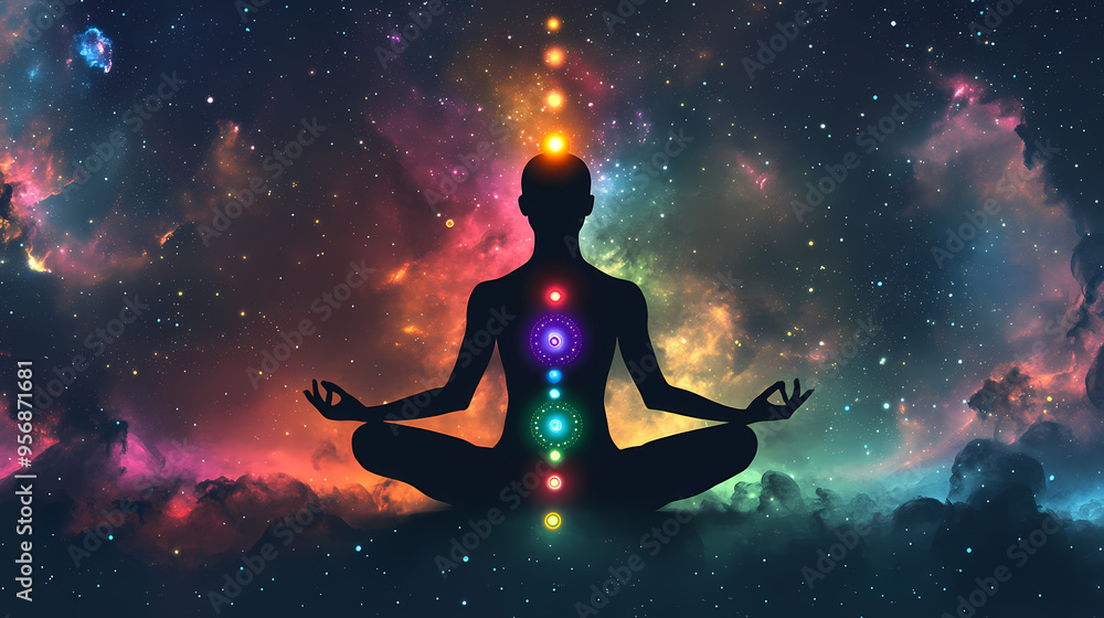 Meditating human silhouette in yoga pose. galaxy universe background ...