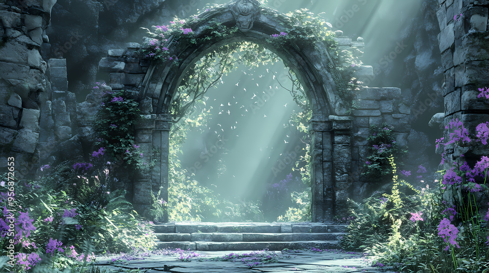 Spectacular fantasy scene with a portal archway covered in creepers. in ...