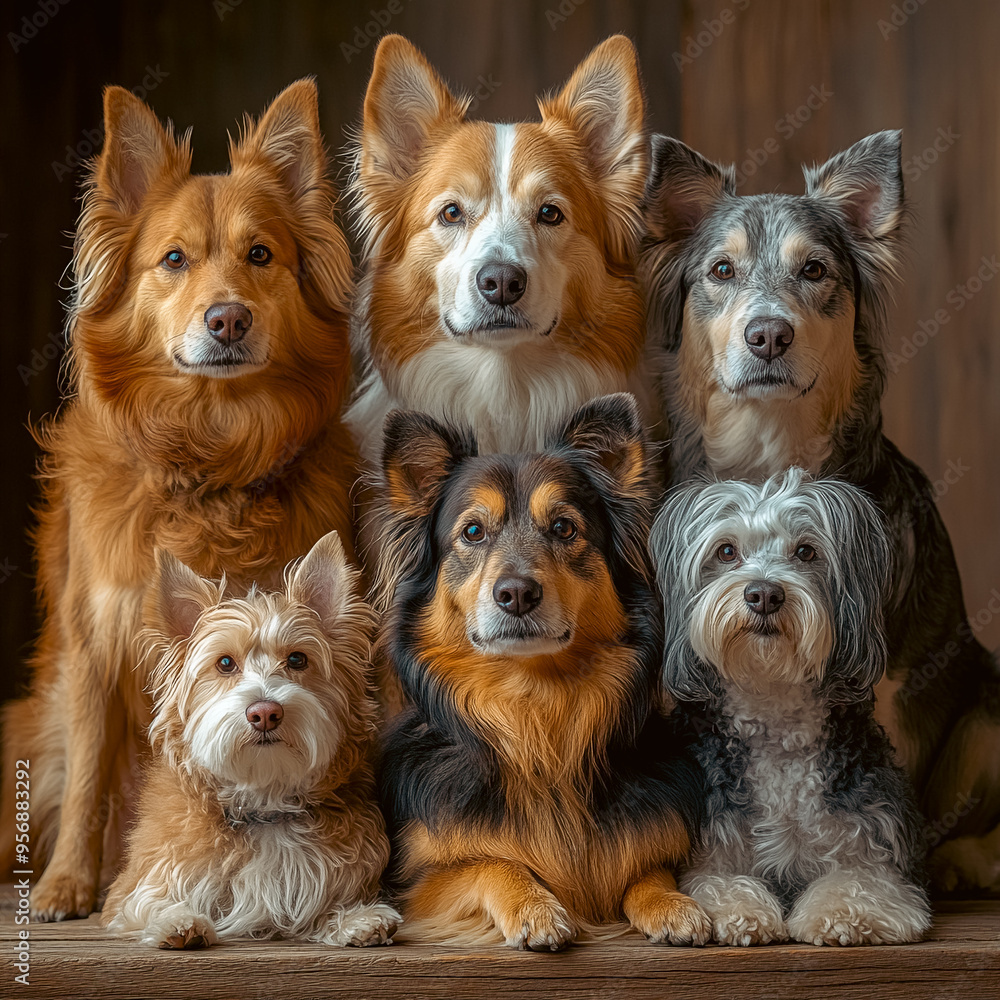 Different breeds of dogs pose in a family pose, in a studio setting ...