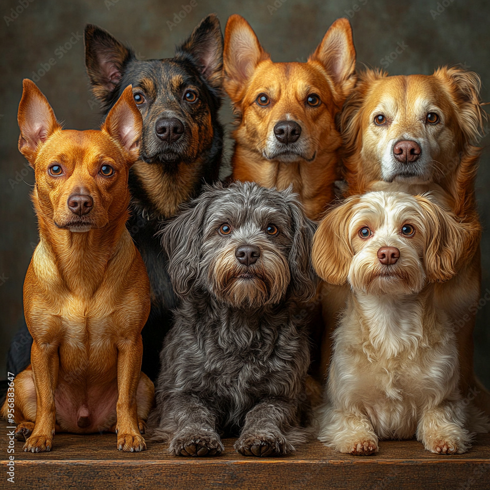 Different breeds of dogs pose in a family pose, in a studio setting ...