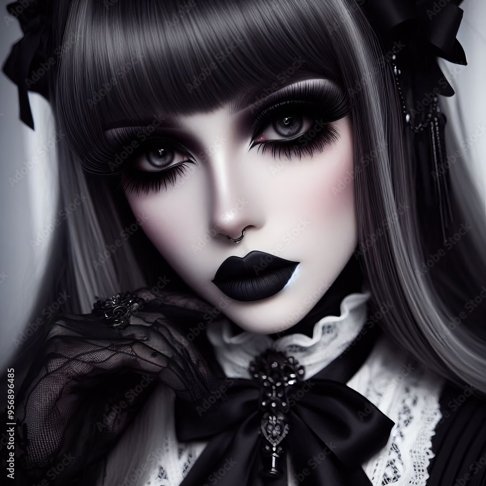 Gothic Lolita Pale foundation dark dramatic eyes with lots of ma Stock ...