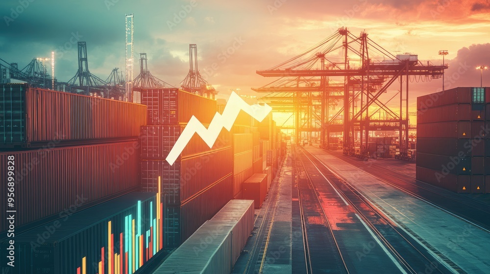 Harbor view with a crane working on cargo containers, featuring an up ...