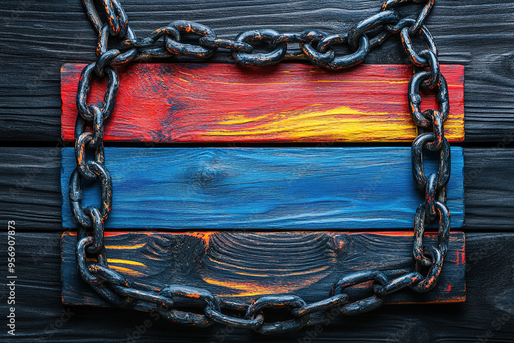Rustic Wooden Board with Bright Red, Blue, and Yellow Paint Texture ...