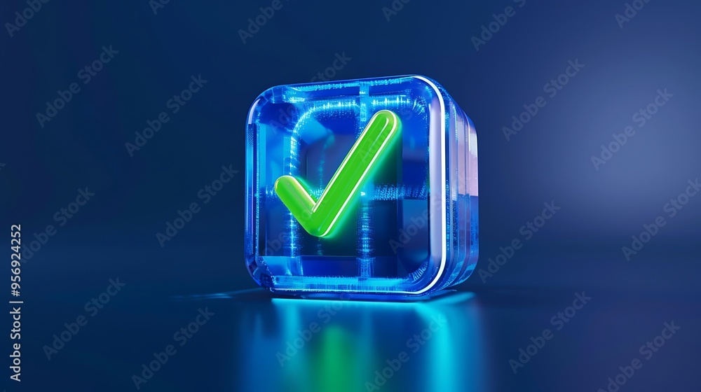 3D green check mark in a blue transparent cube, glowing verification ...