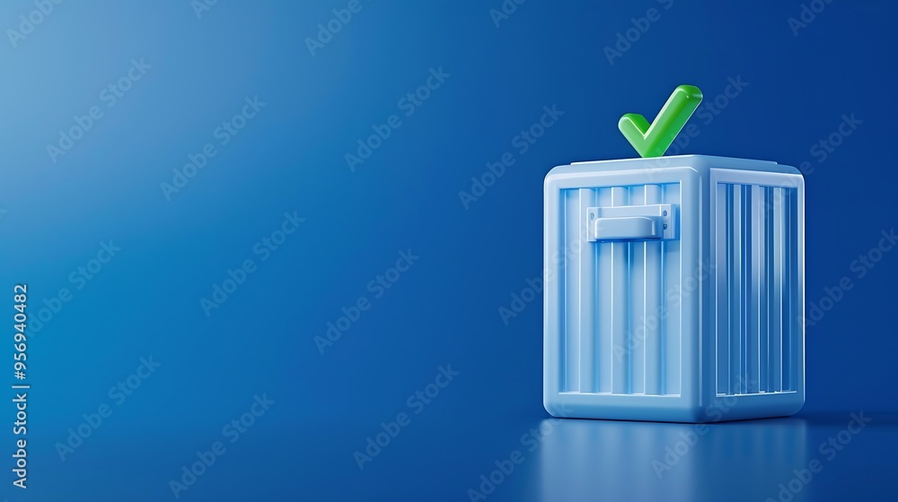 Blue trash bin with green check mark on blue background. Concept of ...