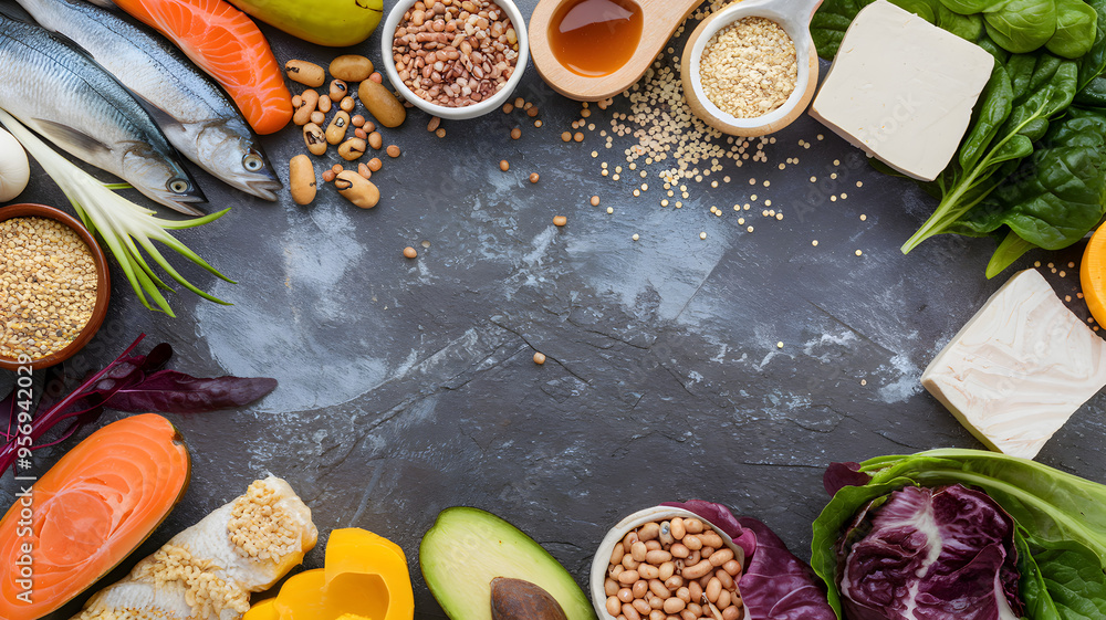 variety of healthy ingredients including fish, salmon, tofu, seeds ...