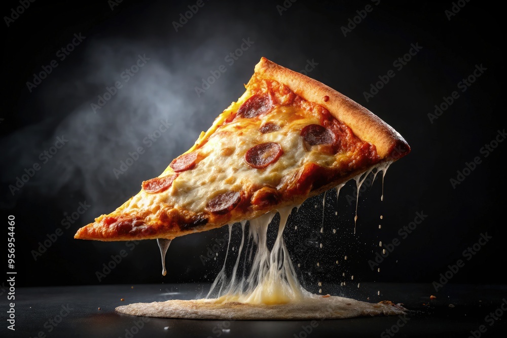 High-resolution photograph of a flying, delicious, cheesy pizza slice ...