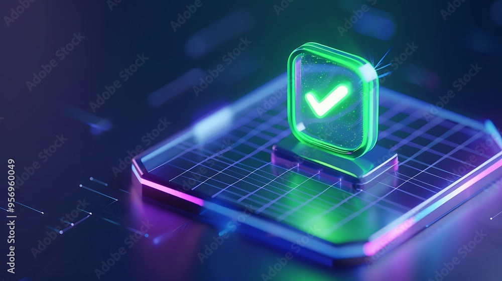 Ilustración de Stock Futuristic digital checkmark on a glowing platform ...