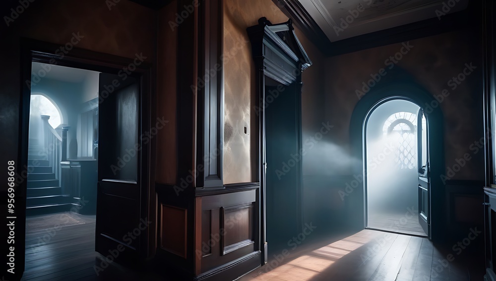 spooky victorian ghost mansion interior featuring arched door hallway ...