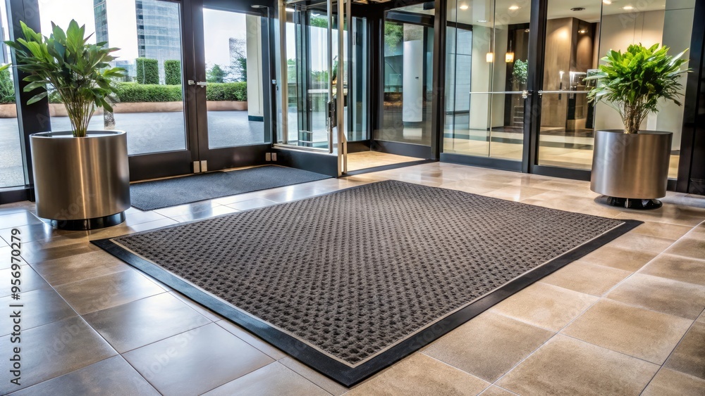A modern commercial entrance with a stylish mat featuring a subtle logo ...