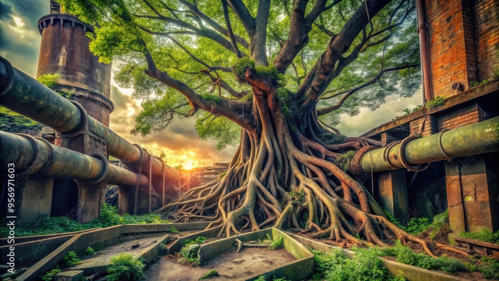 Ancient tree's sprawling roots twist around a rusted industrial pipe ...