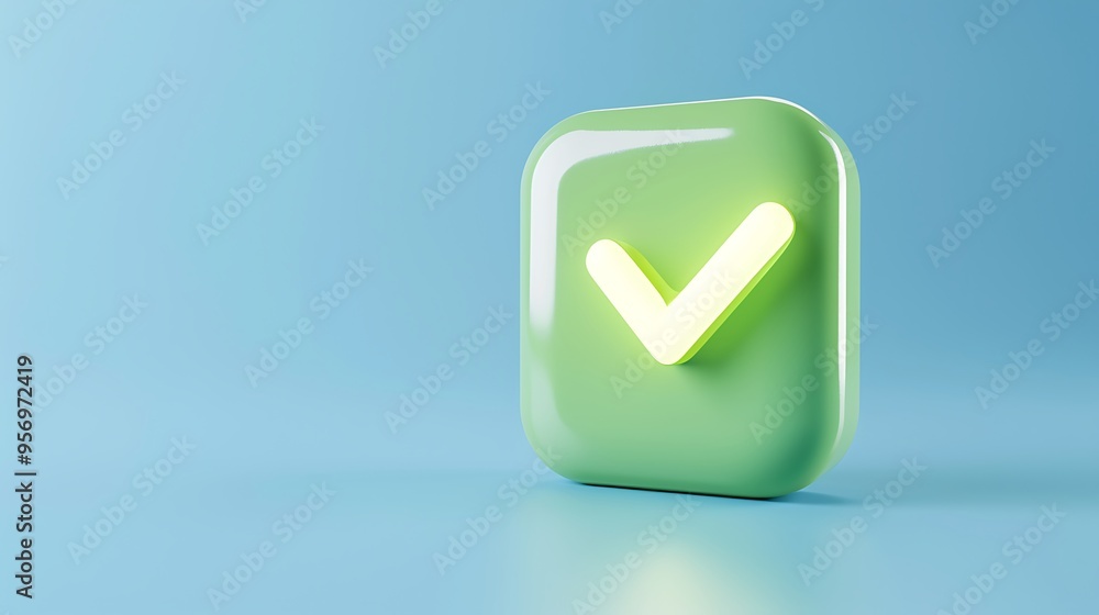Green check mark symbol in a glossy square button on a light blue ...