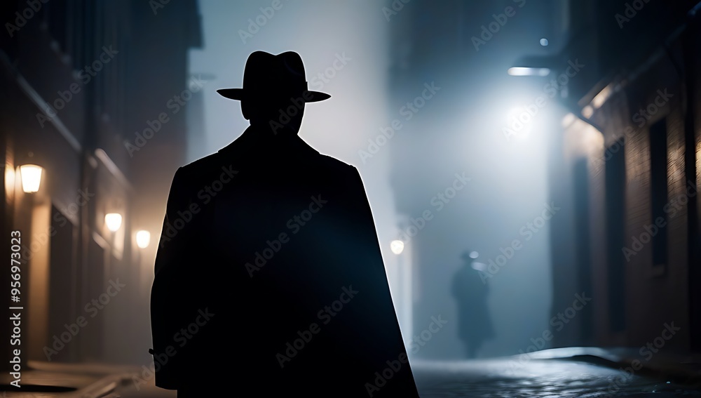 noir intrigue set amidst misty cityscape shadowy figure cloaked ...