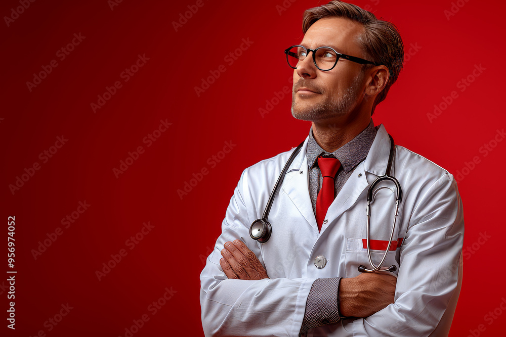 Confident male doctor in a white coat with a stethoscope around his ...