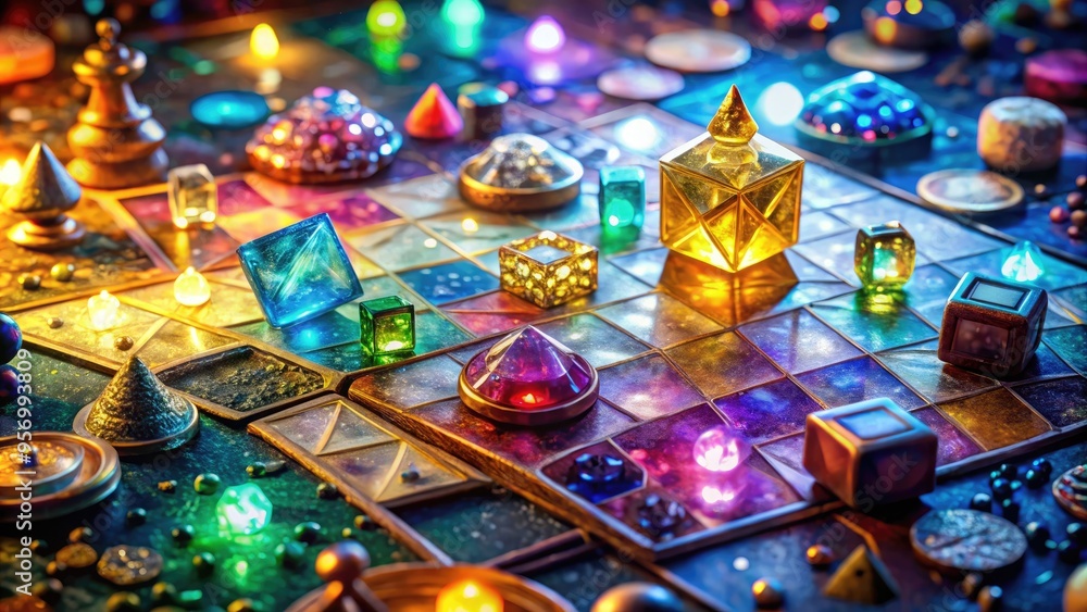 Sparkling crystals scattered across a fantasy game board, surrounded by ...