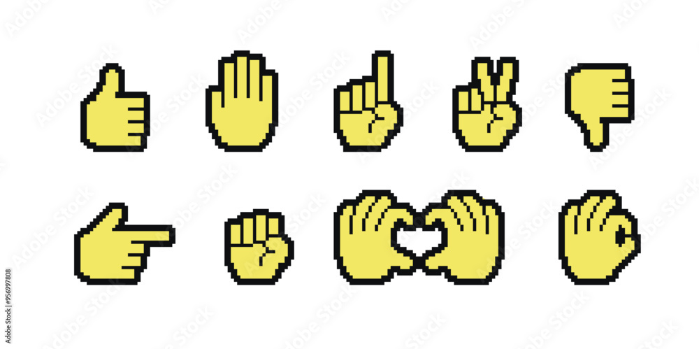 Hand cursor pixel art set. Hand gesture collection. Thumb up, down ...