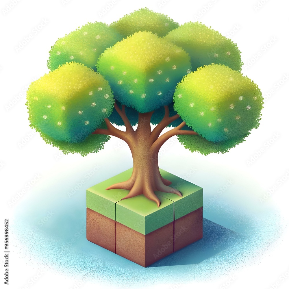 A charming 3D illustration of a stylized box elder tree with a thick ...