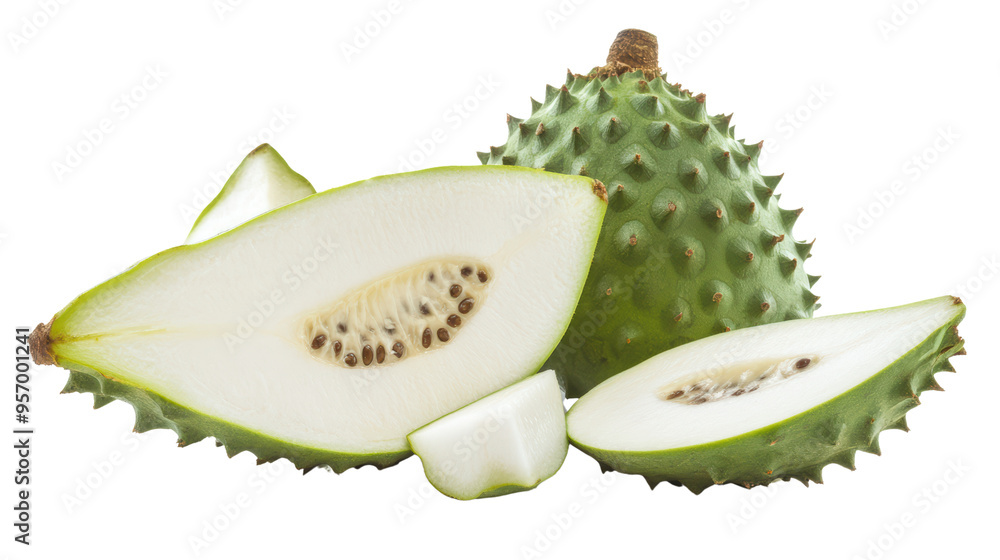 Fresh soursop fruit with green spiky skin, cut in half to reveal white ...