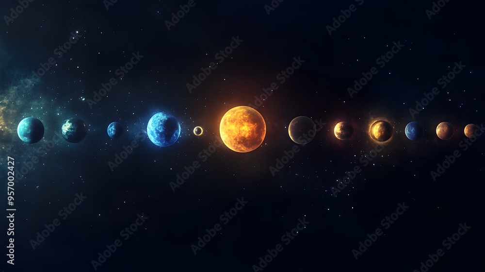 Planetary Alignment: The planets of the solar system aligned in a straight line, each one ...