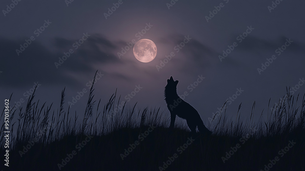 Wolf Howling at the Full Moon - Nighttime Wildlife Photography Stock ...