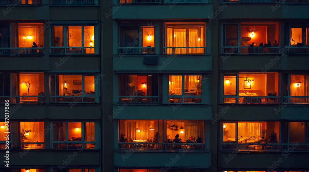 Warmly lit windows in an apartment building at night, showing glimpses ...