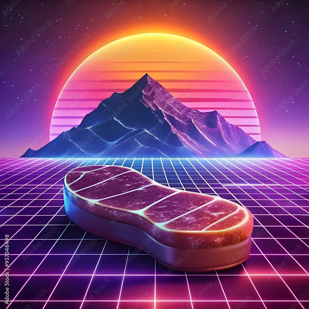 A retro futuristic 3D illustration of a juicy steak. set against a ...