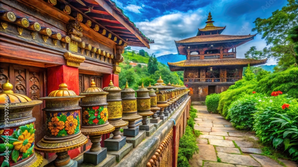 Vibrant colors illuminate intricately carved Tibetan prayer wheels and ...