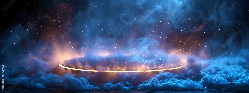 Glowing neon blue ring portal with mystical smoke effects floating in ...