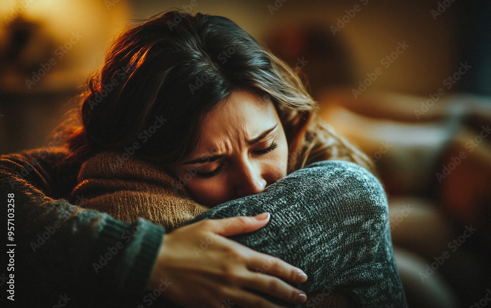 A young woman, overwhelmed by grief, is crying and hugging herself at ...