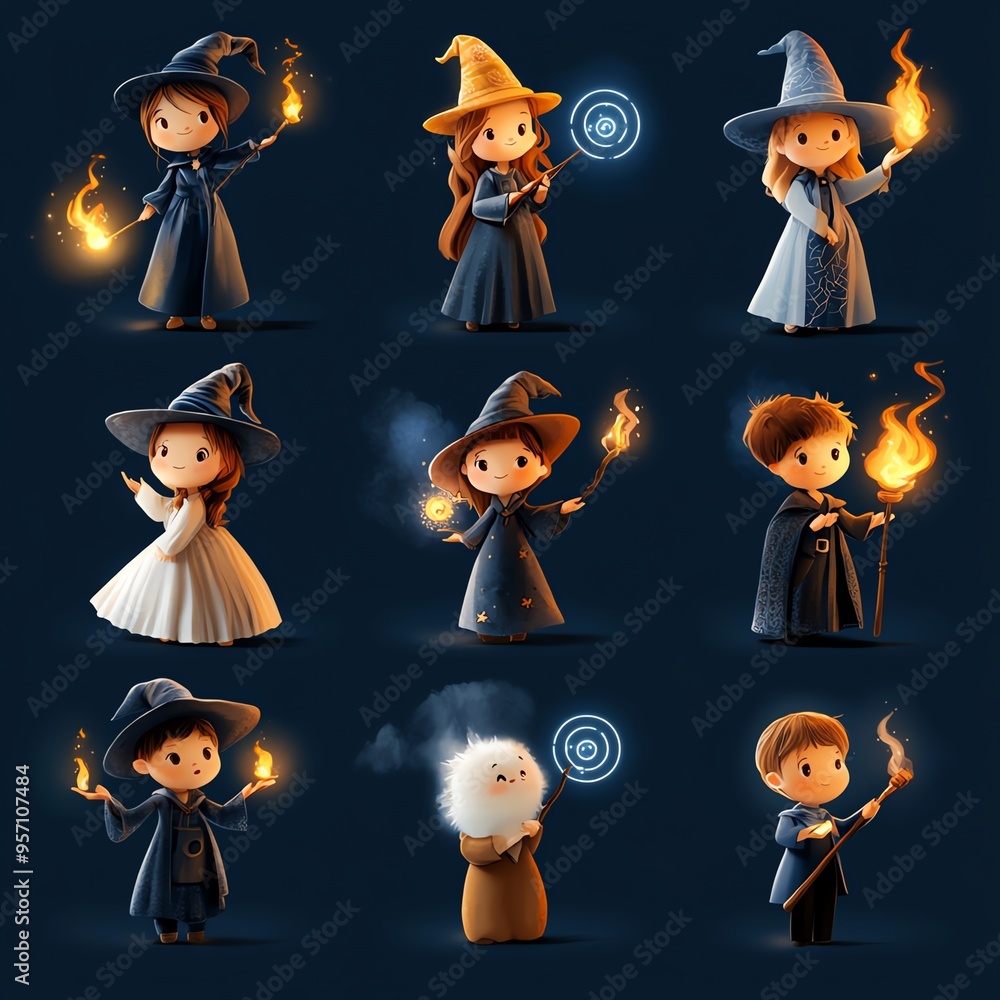 Nine enchanting characters in wizard attire conjuring magic with fire ...