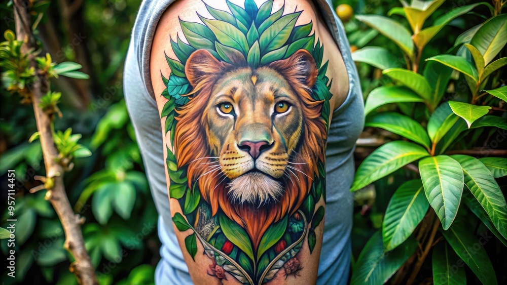 Vibrant color tattoo of a majestic lion's face with intricate details ...