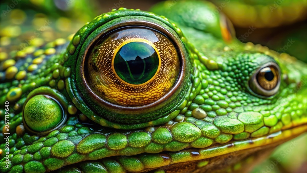 Vibrant green iris with intricate details and golden flecks, surrounded ...