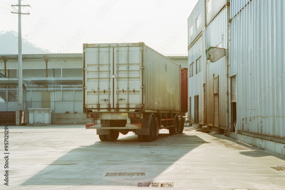A backlit shipping container truck is parked in an empty lot, evoking a ...