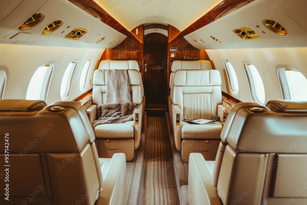 Luxuriously appointed private jet cabin with plush beige leather seats ...