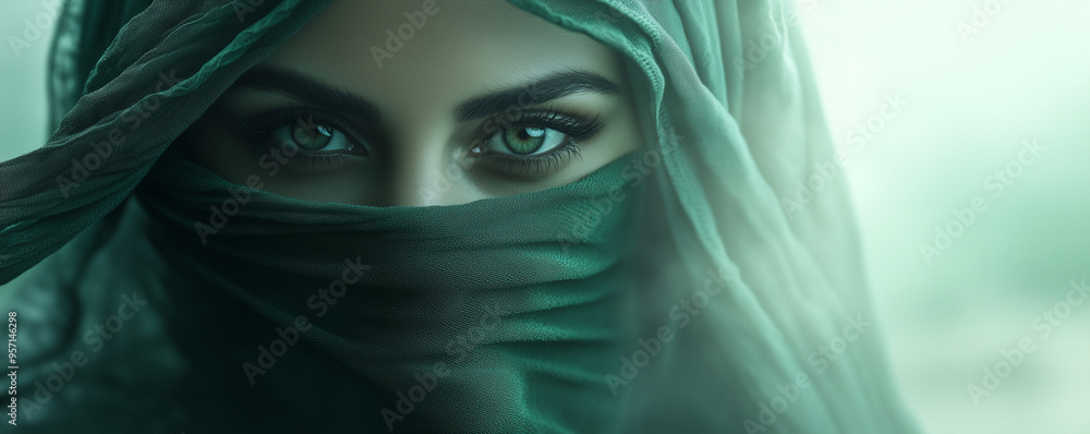Elegant mysterious woman veiled, revealing only her intense eyes ...