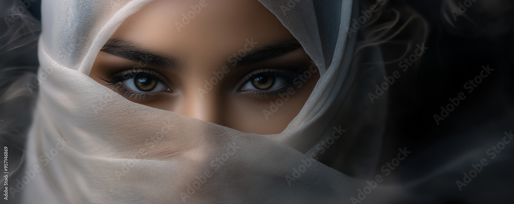 Mystical woman shrouded in a veil, only her entrancing eyes exposed ...