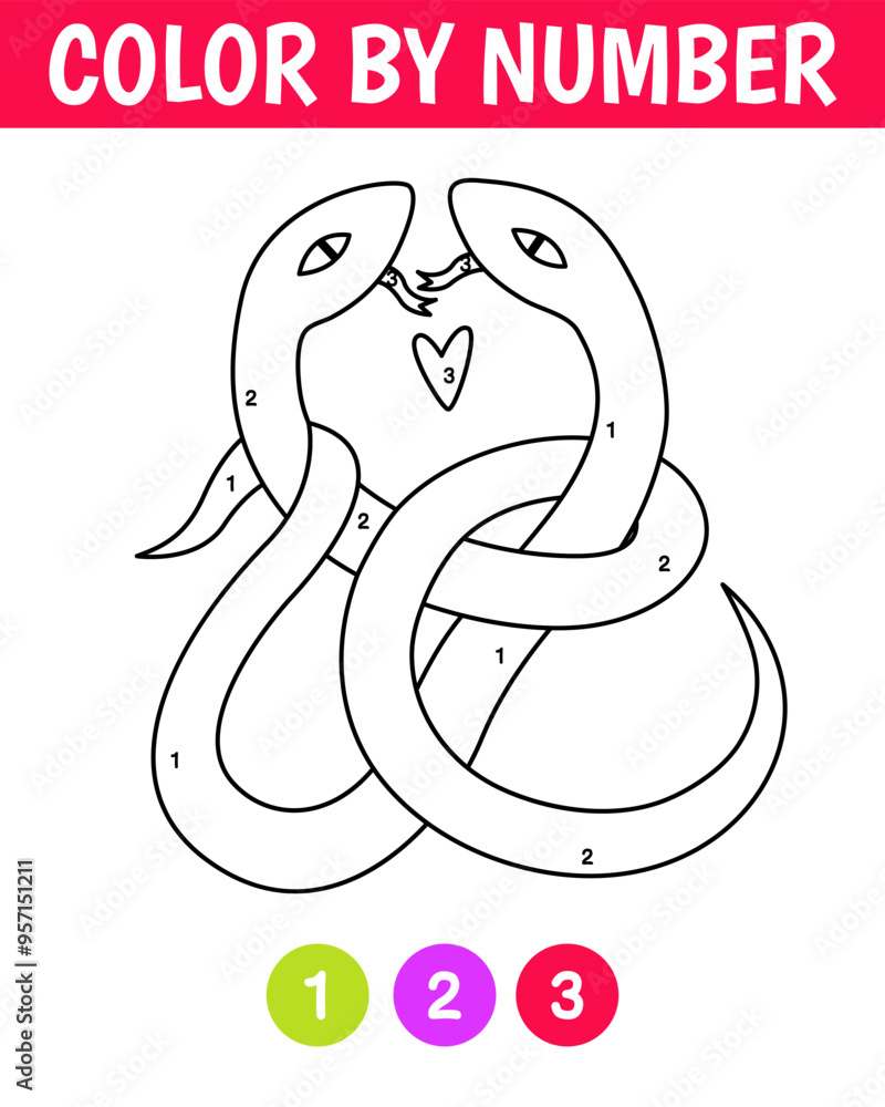 Color by number game for kids. Love couple cute snake. Concept ...