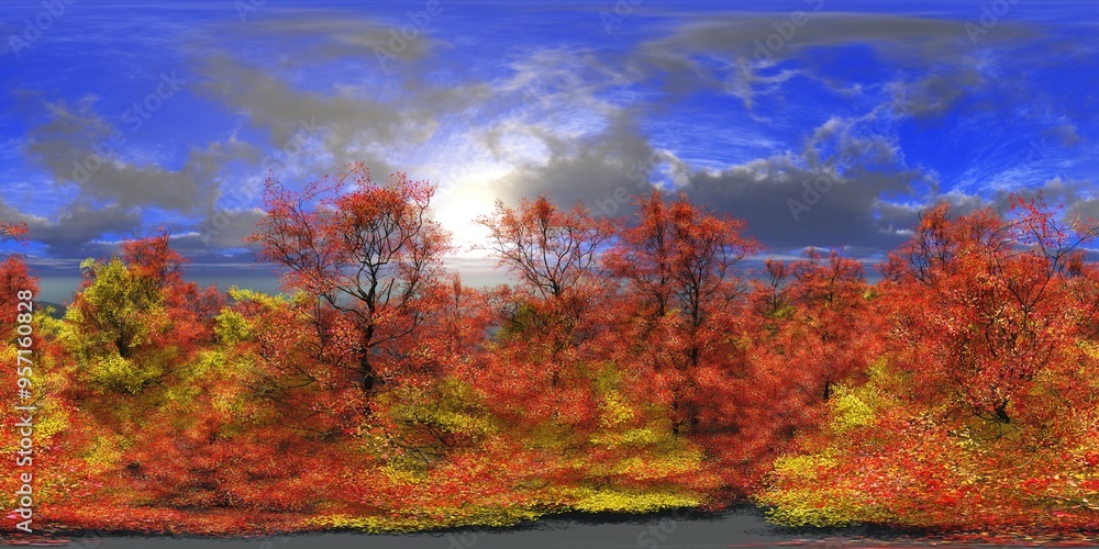 Autumn trees in the fog view from above. HDRI . equidistant projection ...
