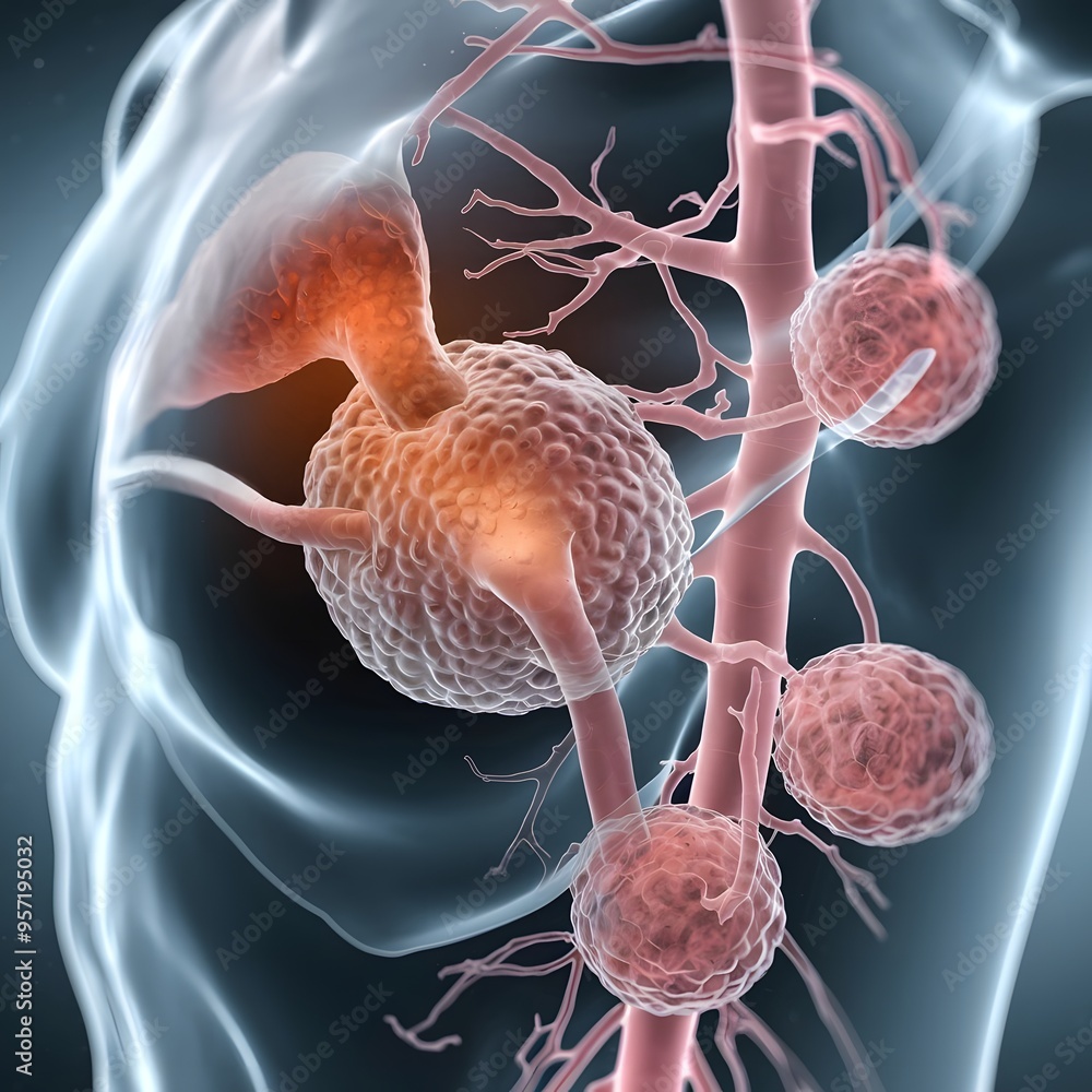 A 3D medical illustration of breast cancer with lymphatic involvement ...