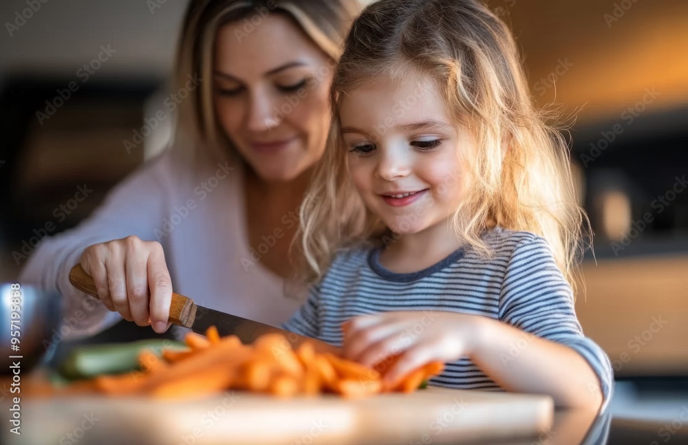 Young girl in striped shirt and mom cooking together at kitchen counter ...