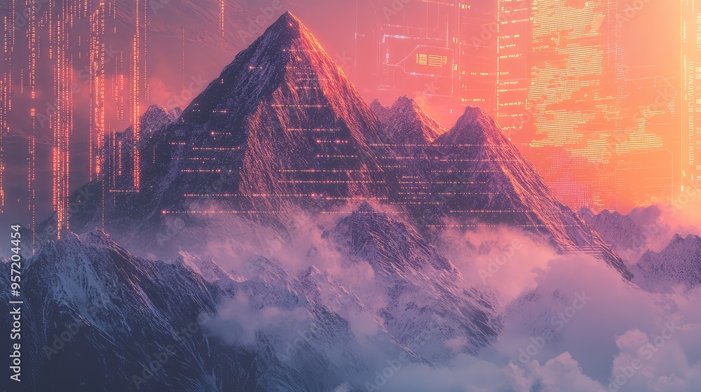 Illustration Stock Mountains with pixelated textures rising from a ...