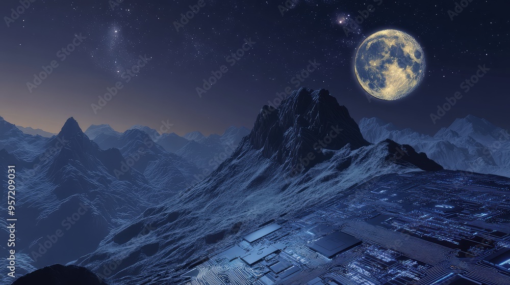 A high-tech mountain vista with circuit board textures, under a moonlit ...