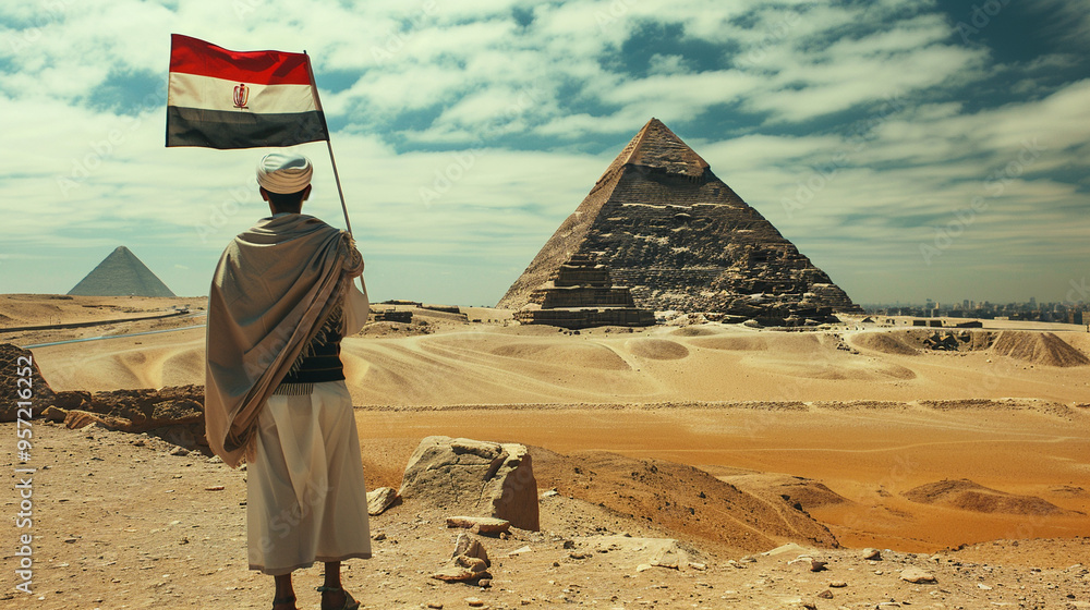 An Egyptian man in traditional galabeya, standing before the Great ...