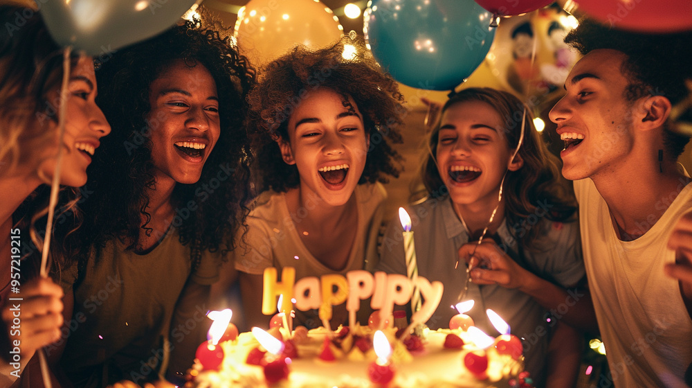 Gen Z friends celebrating a birthday - A group of young adults gathered ...