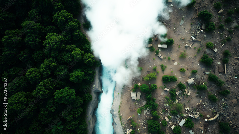 top view A contrast of two worlds: one side depicting a lush, green ...