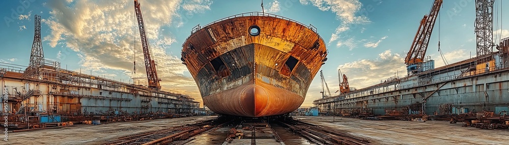 At a sprawling shipyard, massive cranes lift steel beams onto the hull ...