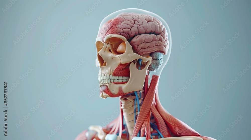 Detailed anatomical model of the human head and neck showing muscles ...