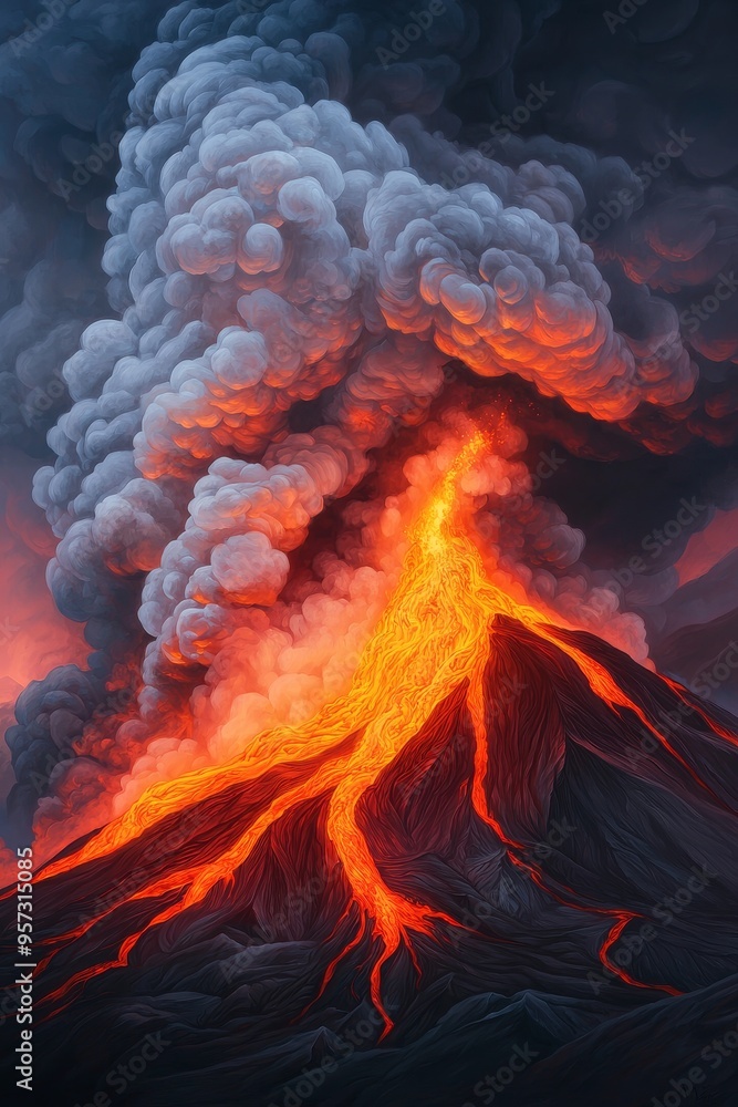 Lava streaming from a volcanic eruption, with smoke and ash filling the ...