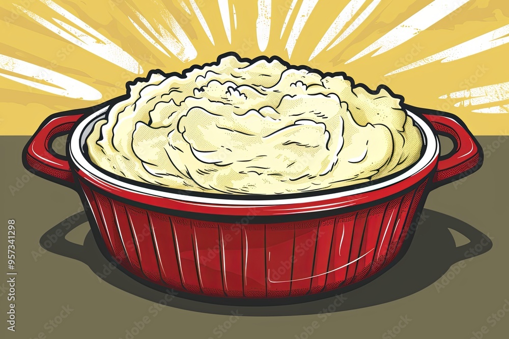 Vibrant illustration of mashed potatoes in a red ceramic dish with ...