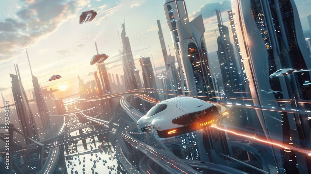 Modern futuristic city of future with flying cars and skyscrapers ...